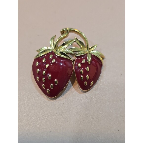 Trifari | Jewelry | Vintage Gold Plated Red Enamel Double Strawberry ...